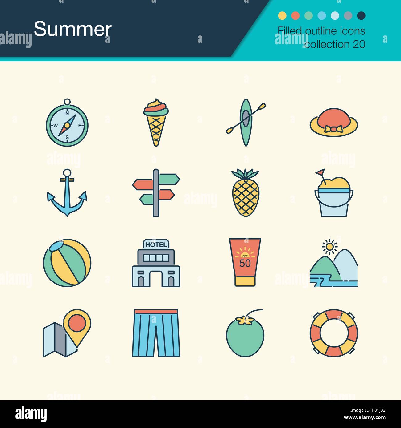 Summer icons. Filled outline design collection 20. For presentation ...