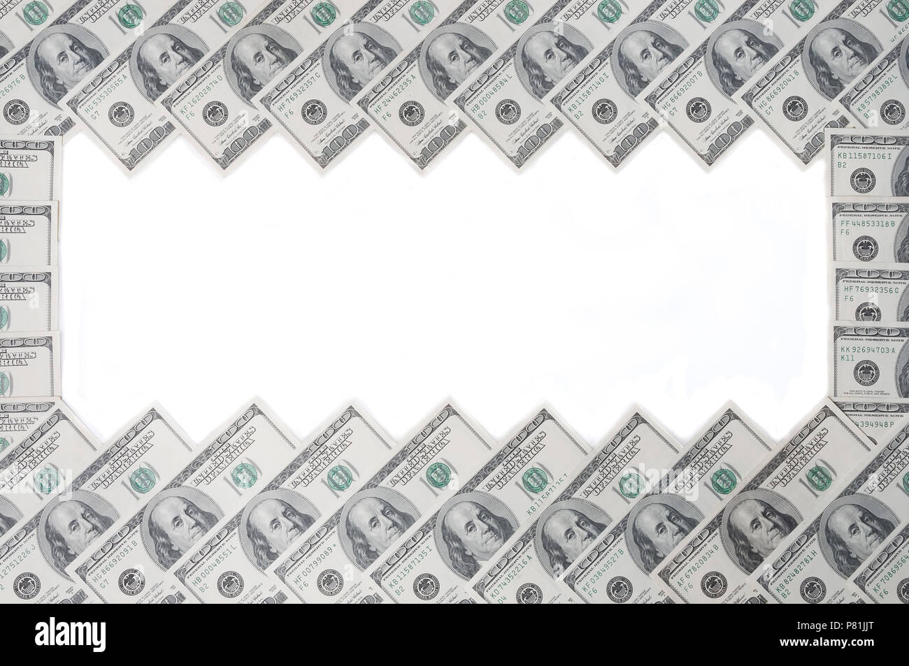 A frame of bills of one hundred American dollars. On a white background ...