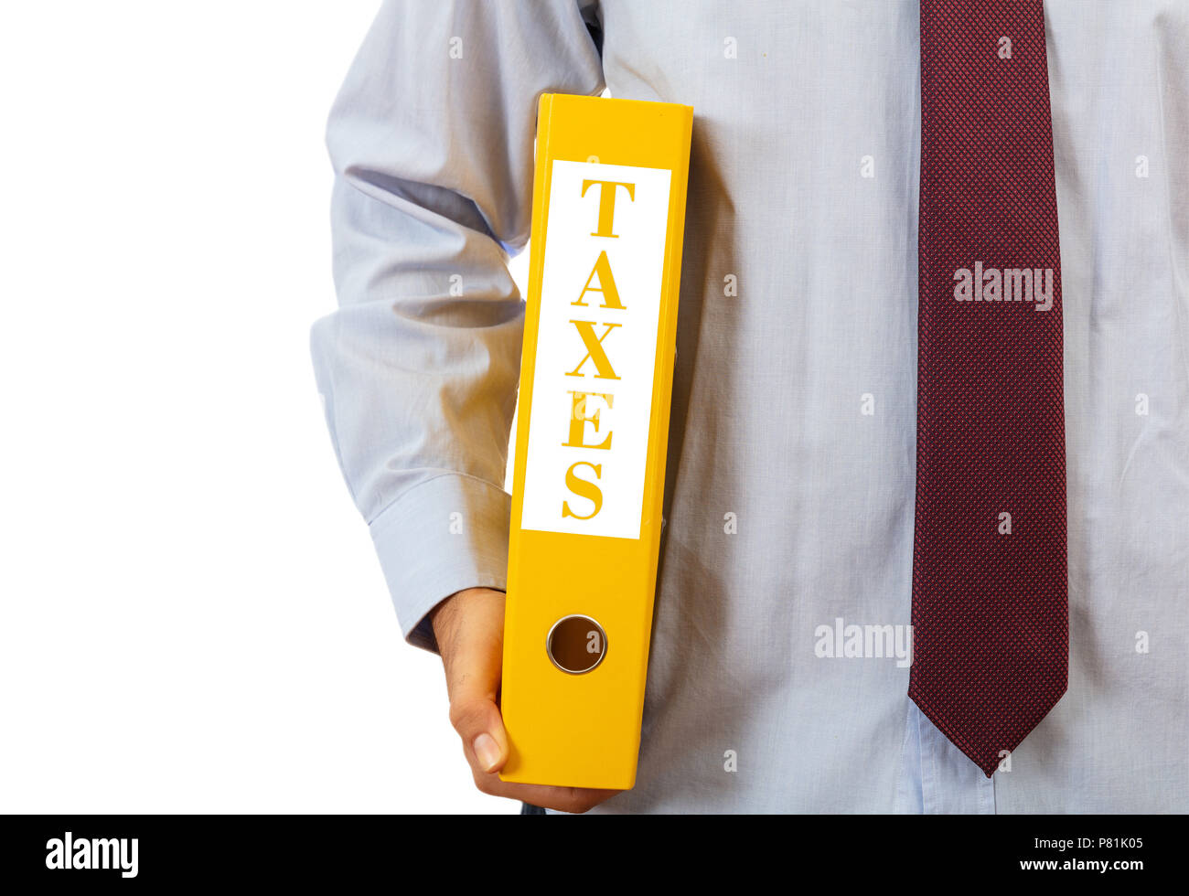Business taxation. Manager holding a binder folder on white background ...