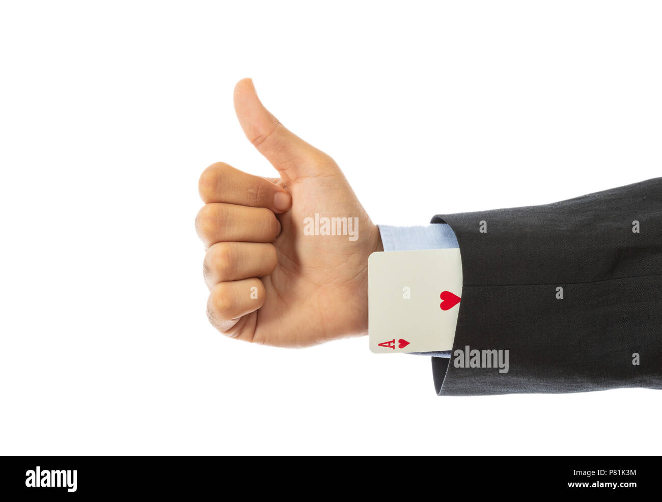 Playing cards. Ace hearts hidden in a suit sleeve isolated on white ...
