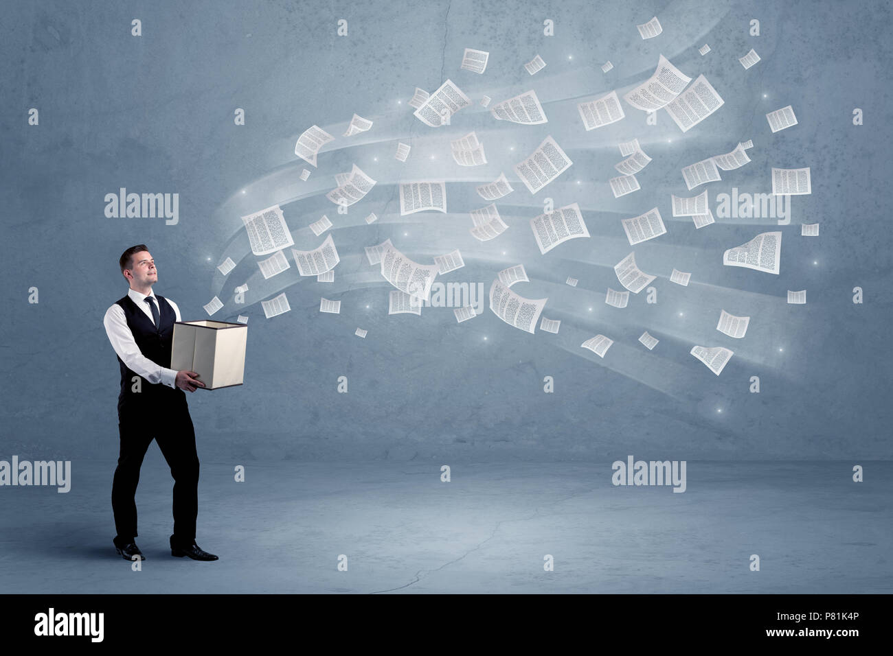 Office documents, contracts, papers flying out of cardboard box being ...