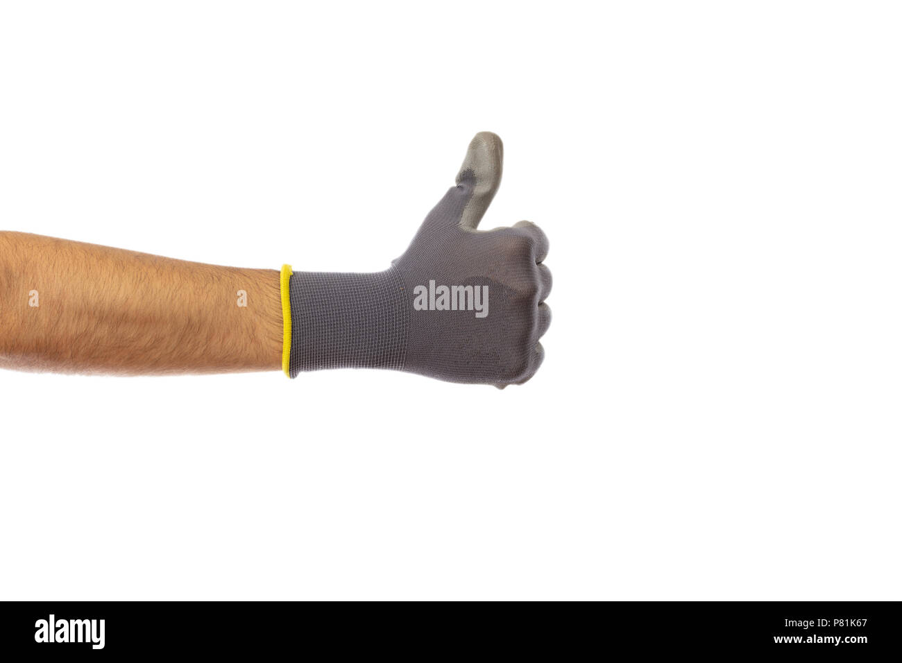 Thumb up gesture or hand counting one, gloved hand, isolated on white ...