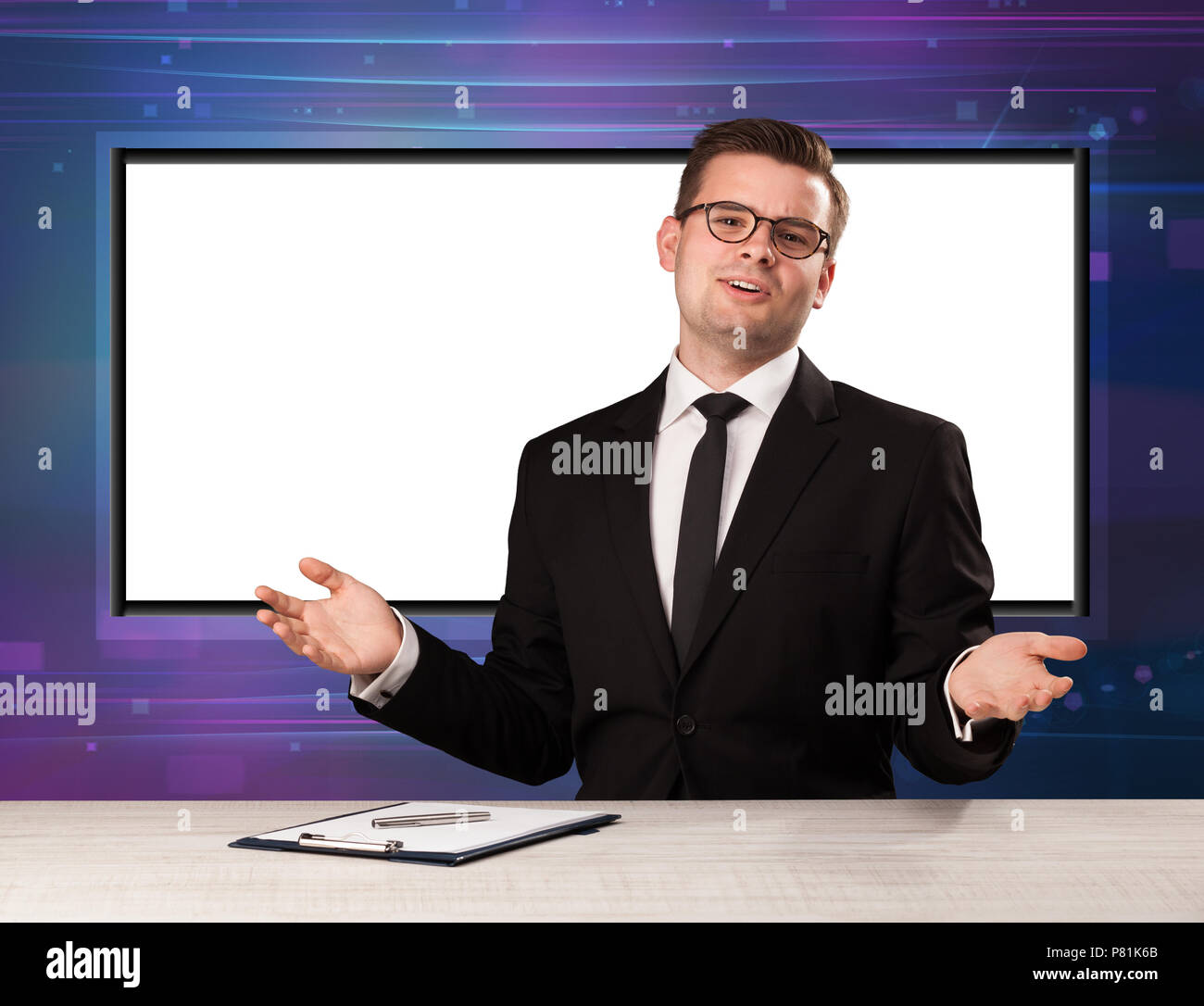 Television program host with big copy screen in his back concept Stock ...