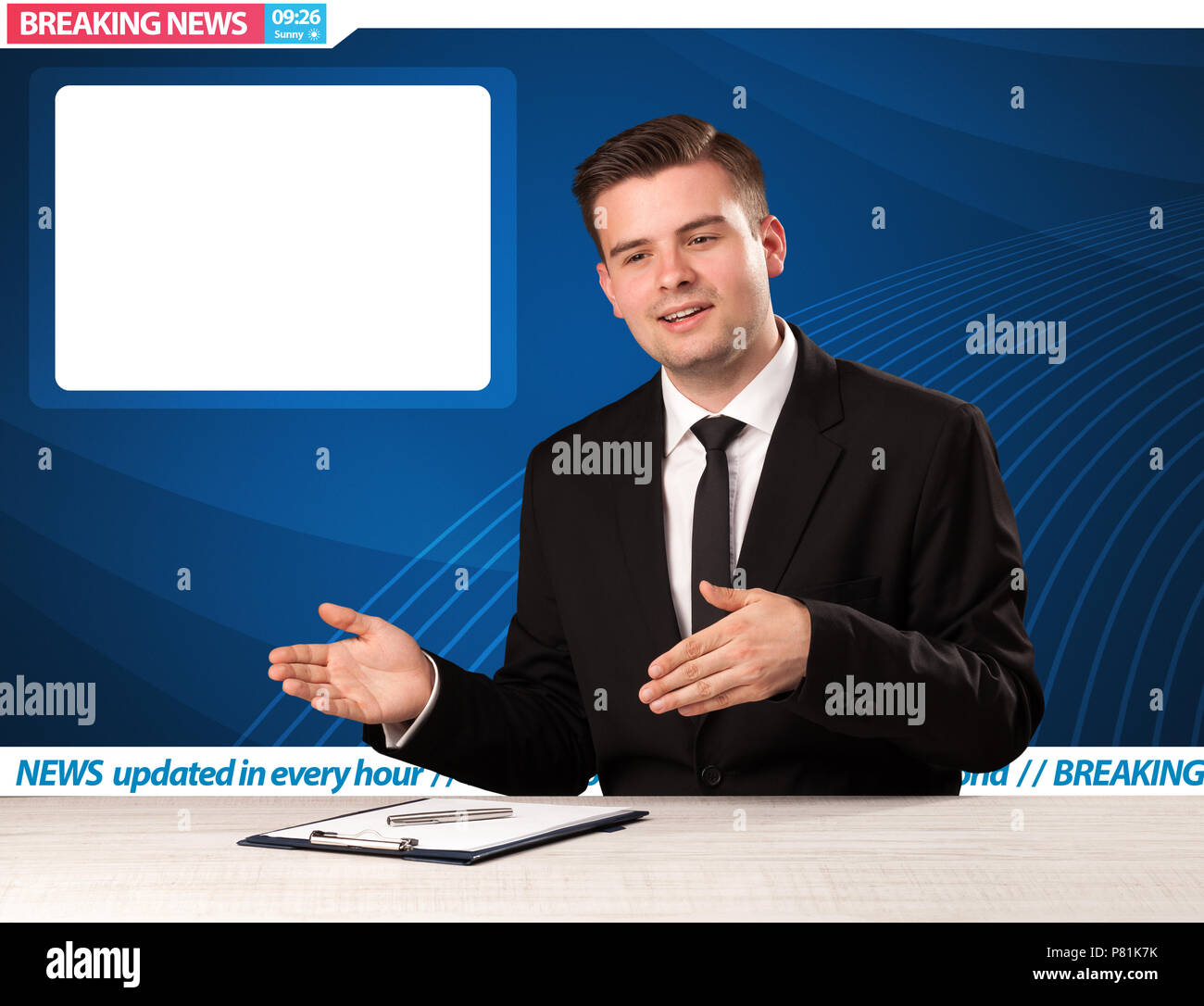 Television reporter telling breaking news at his studio desk with copy ...
