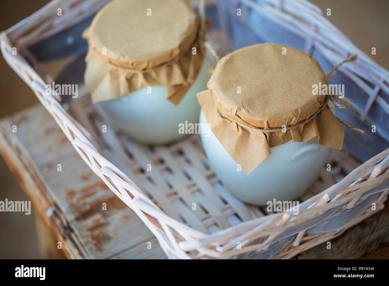 Fresh homemade yogurt in jars. Natural bio product from white milk for ...