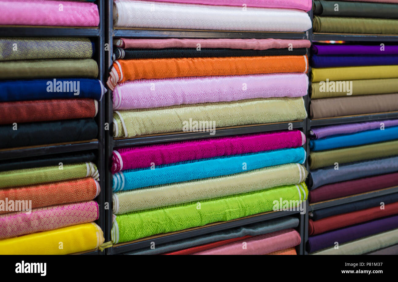 Roll in a colorful satin fabric store. Satin with a satin patterned on ...