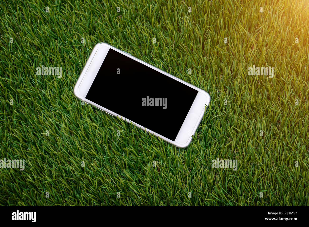 White smartphone with isolated screen on fake grass background and ...