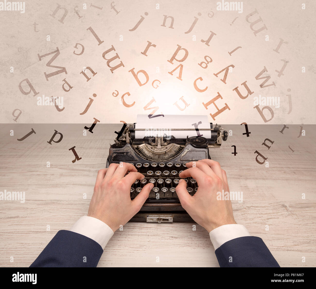First person perspective elegant hand writing on typewriter with flying ...