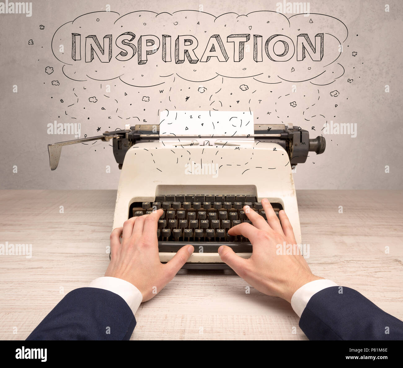 First person perspective hand writing on typewriter with cloud message ...