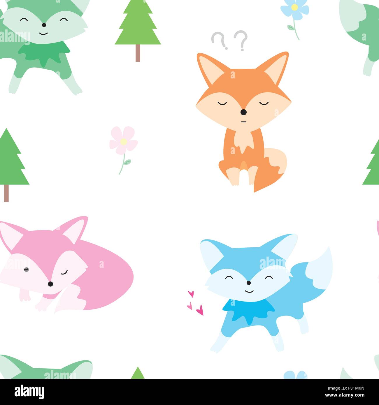Cute little fox and tree seamless pattern. Fox cartoon style for fabric ...