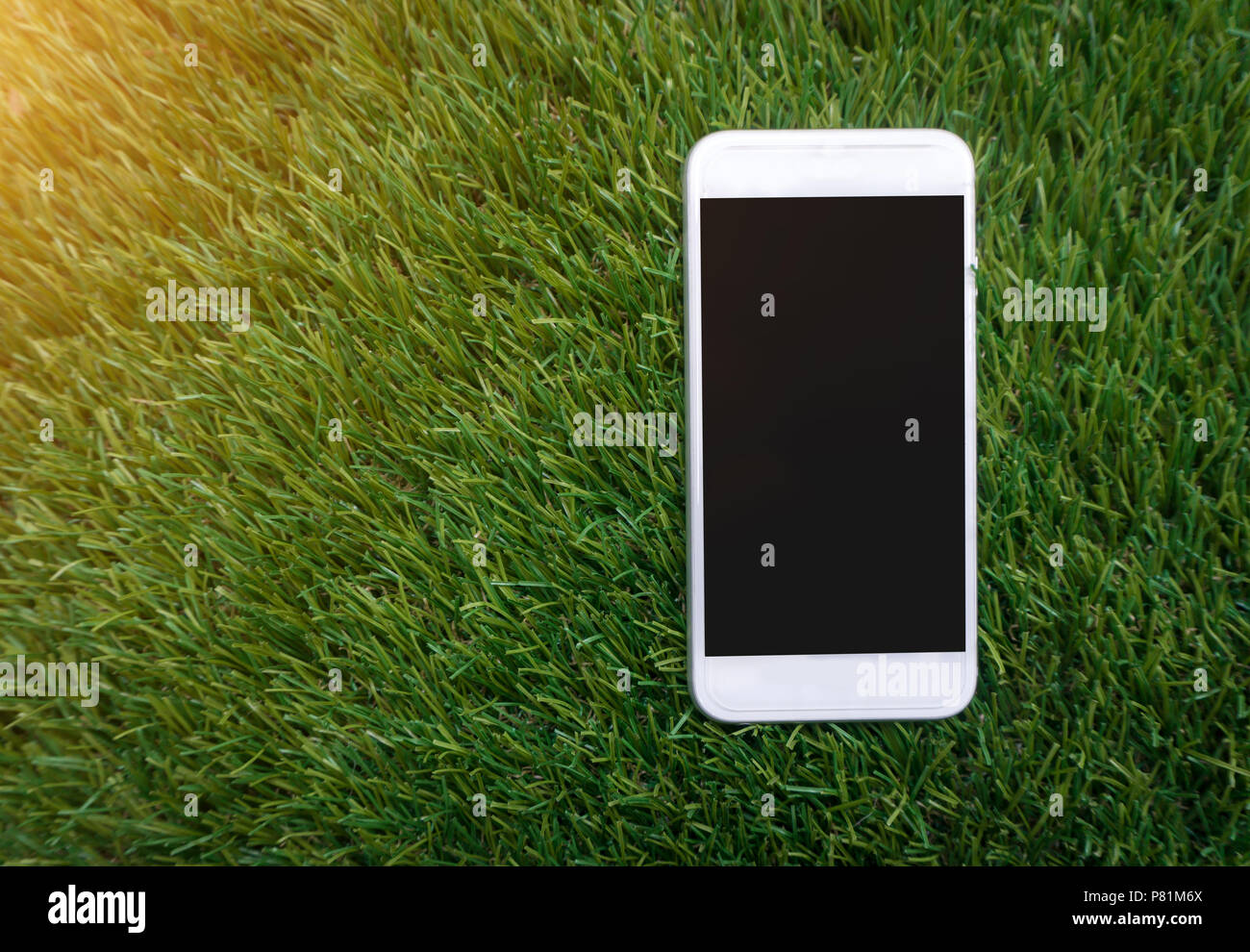 White smartphone with isolated screen on fake grass background and ...