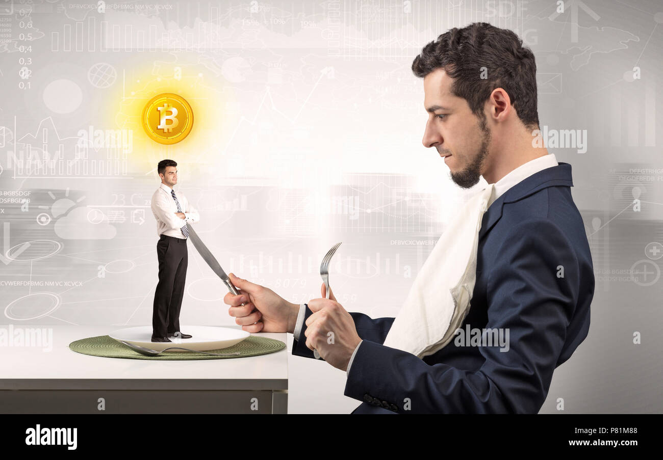 Giant businessman eating small man with financial background Stock ...