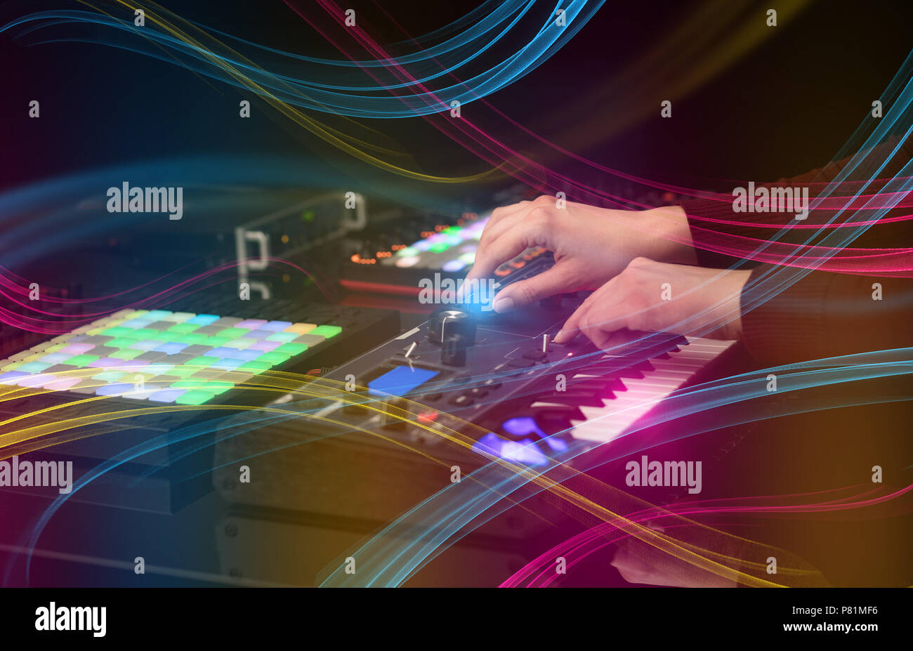 Hand mixing music on dj controller with colorful vibe concept Stock ...