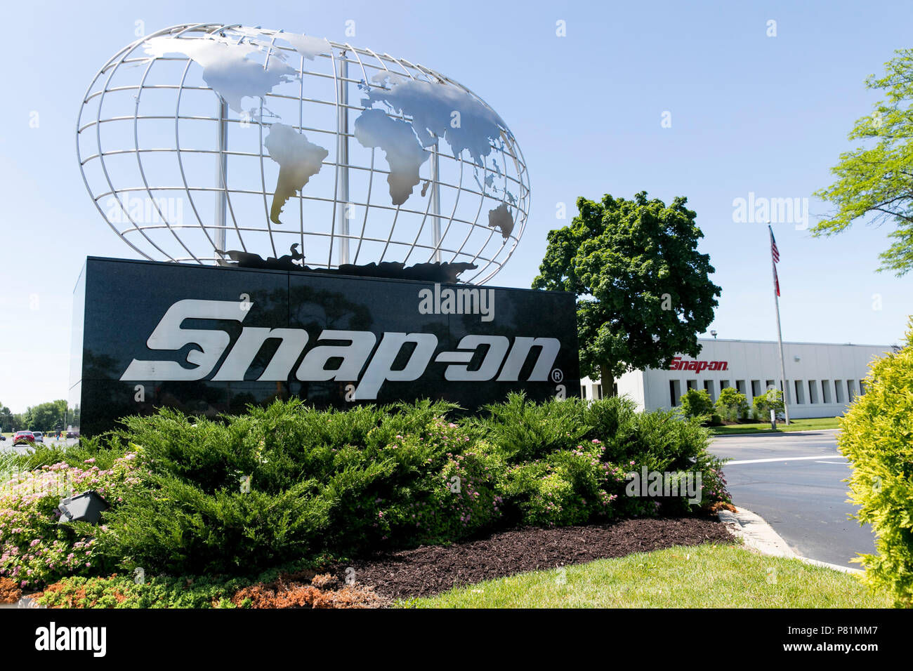 A logo sign outside of the headquarters of Snap-on, Inc., in Kenosha ...