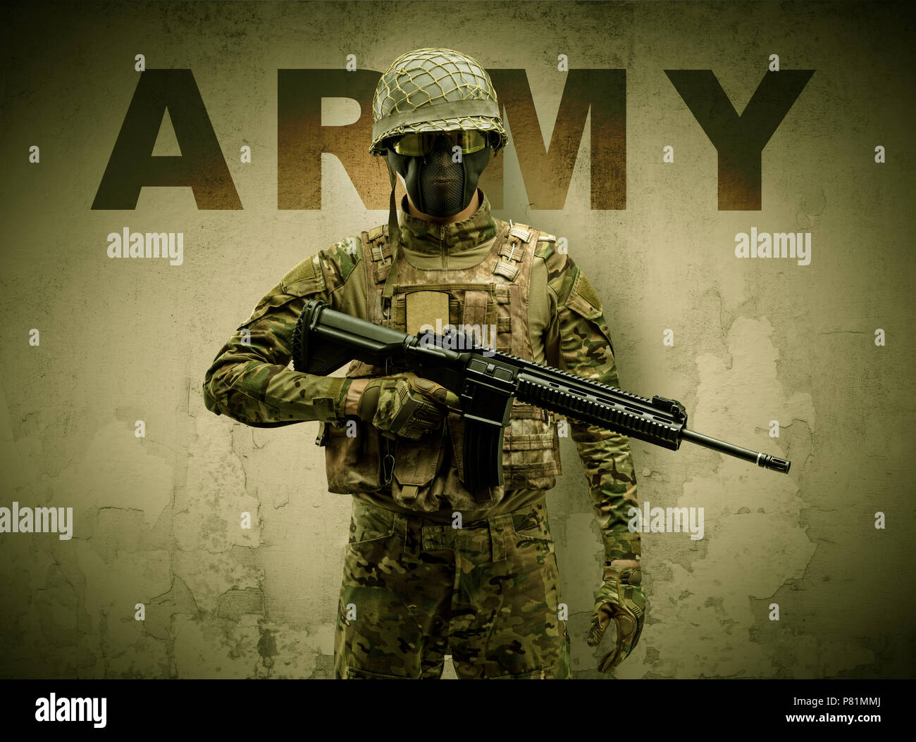 Uniformed armed soldier with damaged wall background Stock Photo - Alamy