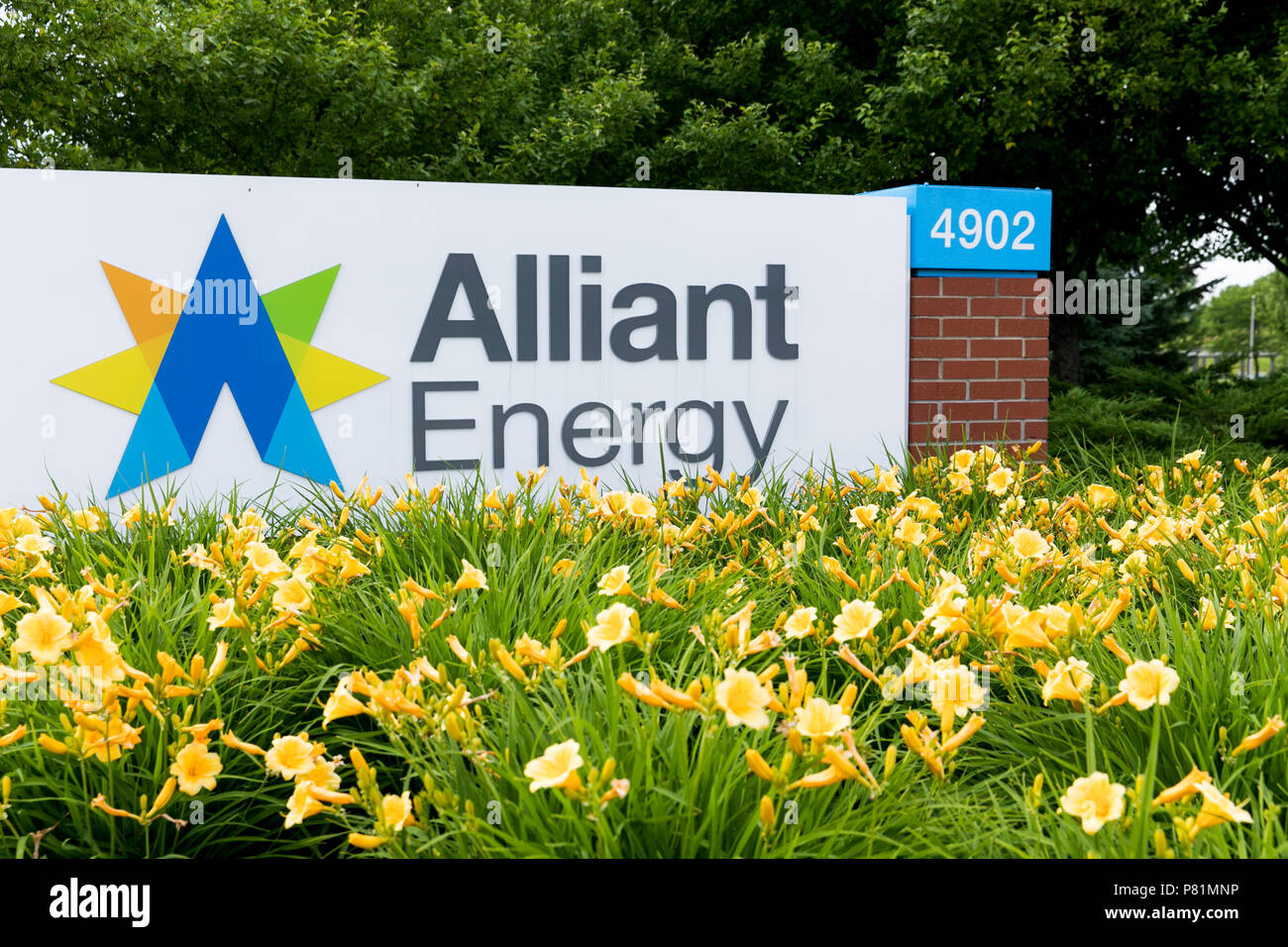 A logo sign outside of the headquarters of Alliant Energy in Madison ...