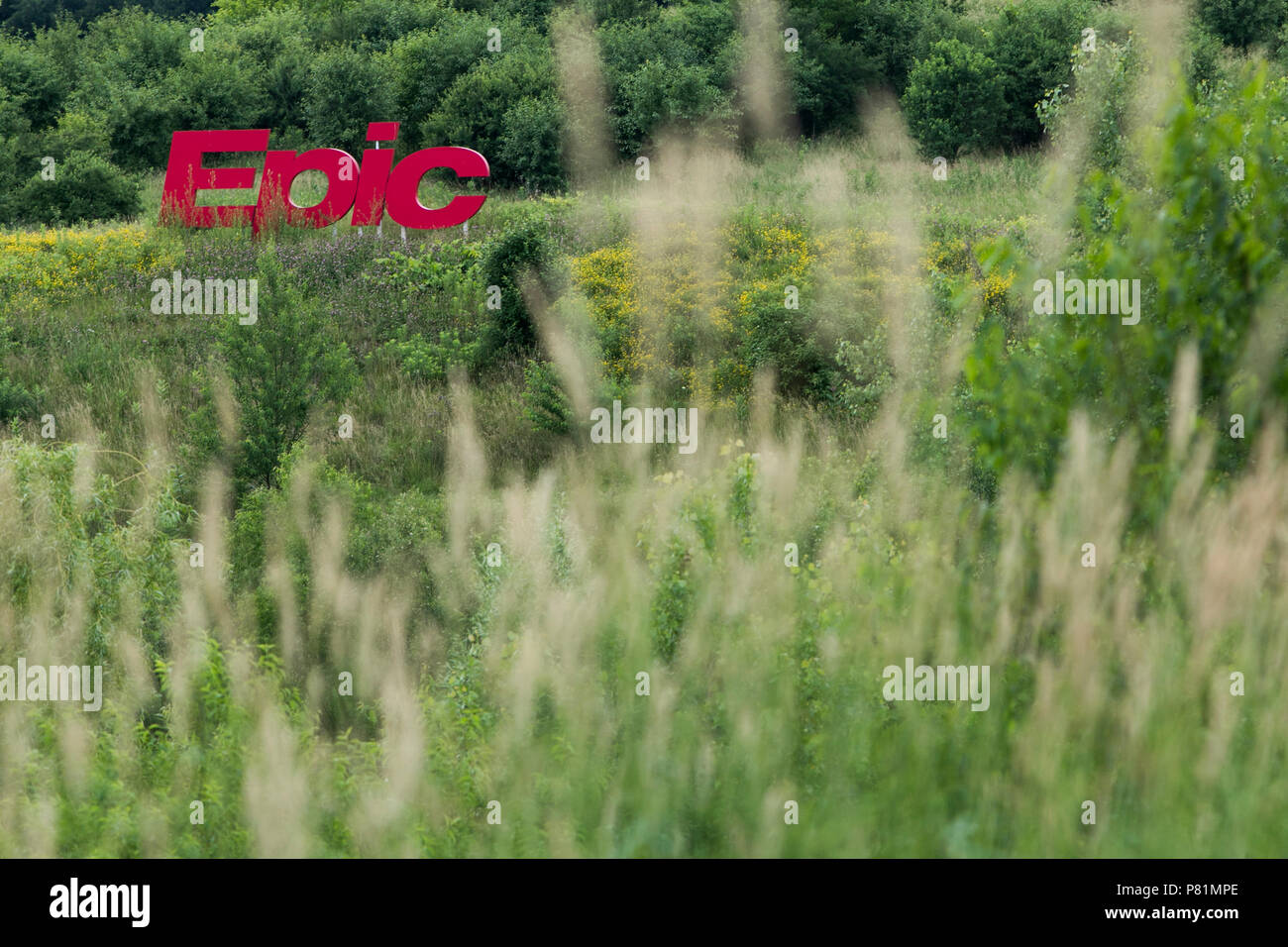 A logo sign outside of the headquarters of the Epic Systems Corporation ...