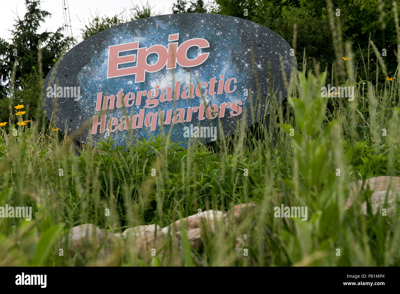 A logo sign outside of the headquarters of the Epic Systems Corporation in Verona, Wisconsin, on ...