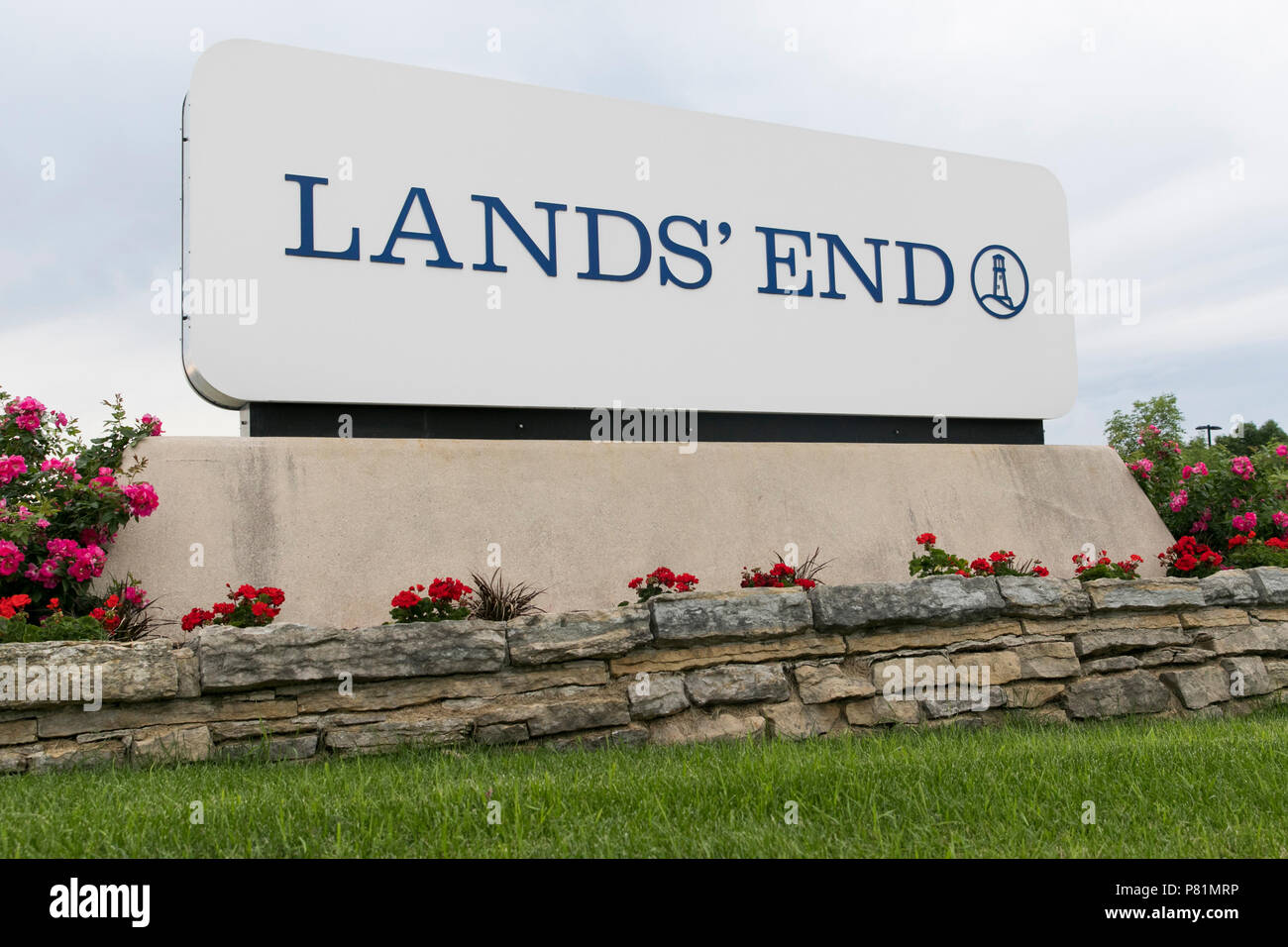 A logo sign outside of the headquarters of Lands' End in Dodgeville ...