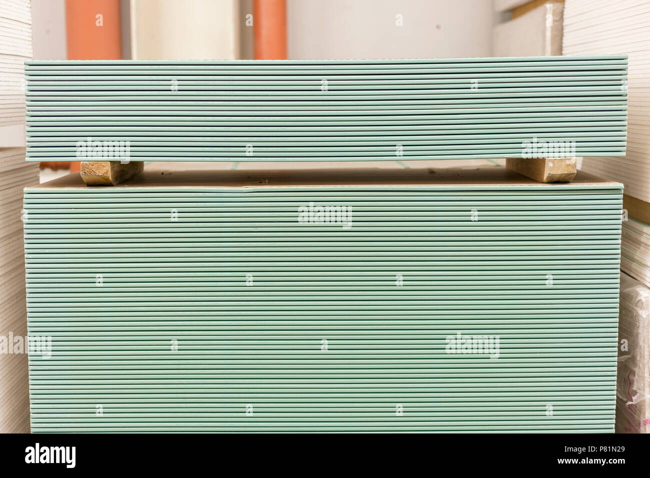 Pallet with plasterboard in the building store. Warehouse with ...