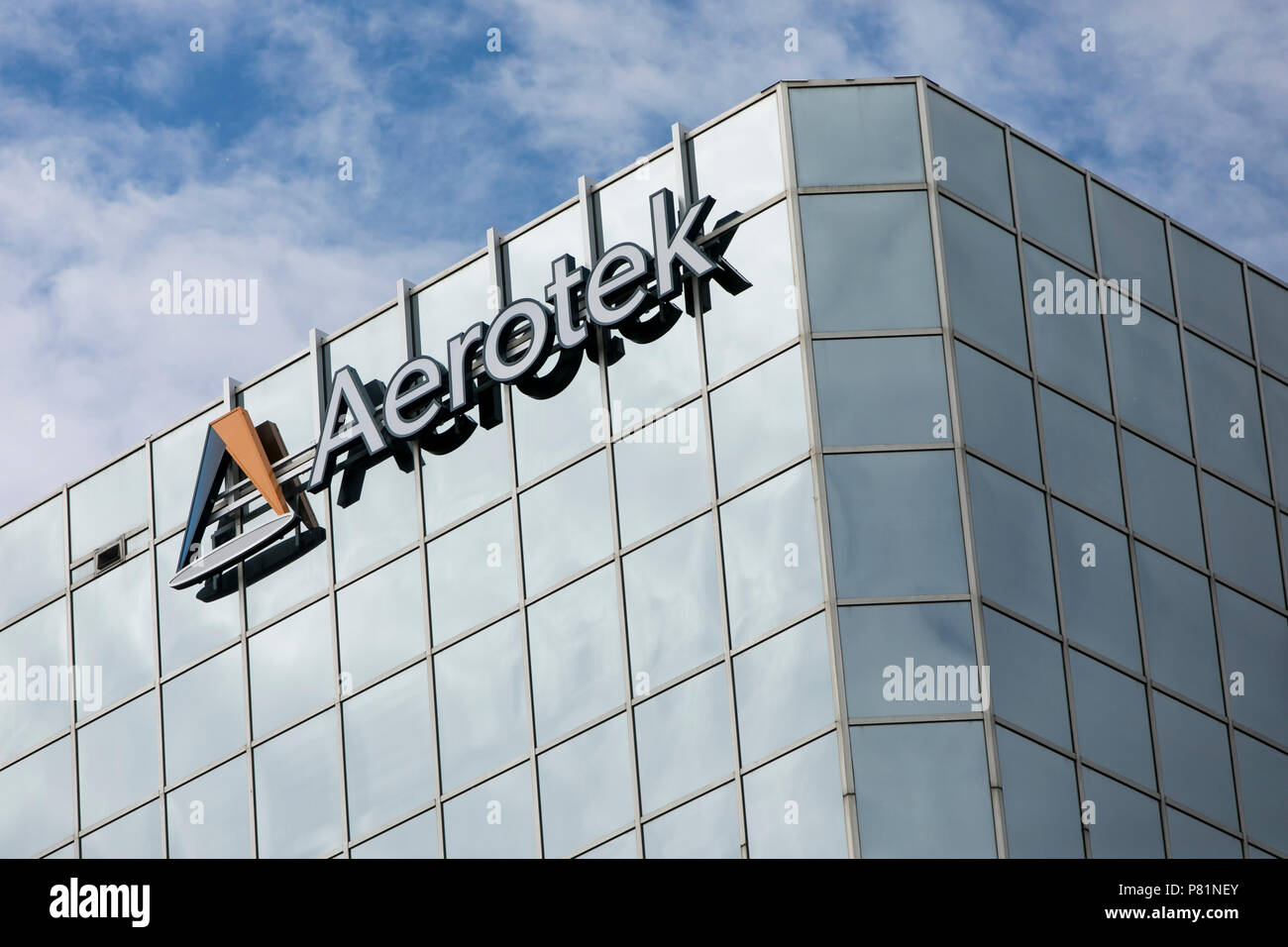 A logo sign outside of an office building occupied by Aerotek in ...