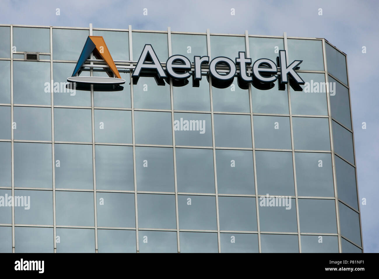 A logo sign outside of an office building occupied by Aerotek in ...