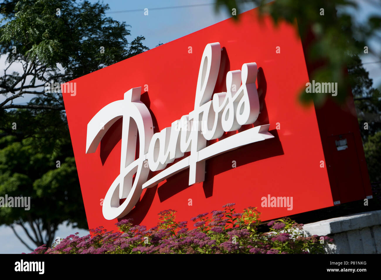 A logo sign outside of a facility occupied by The Danfoss Group in ...