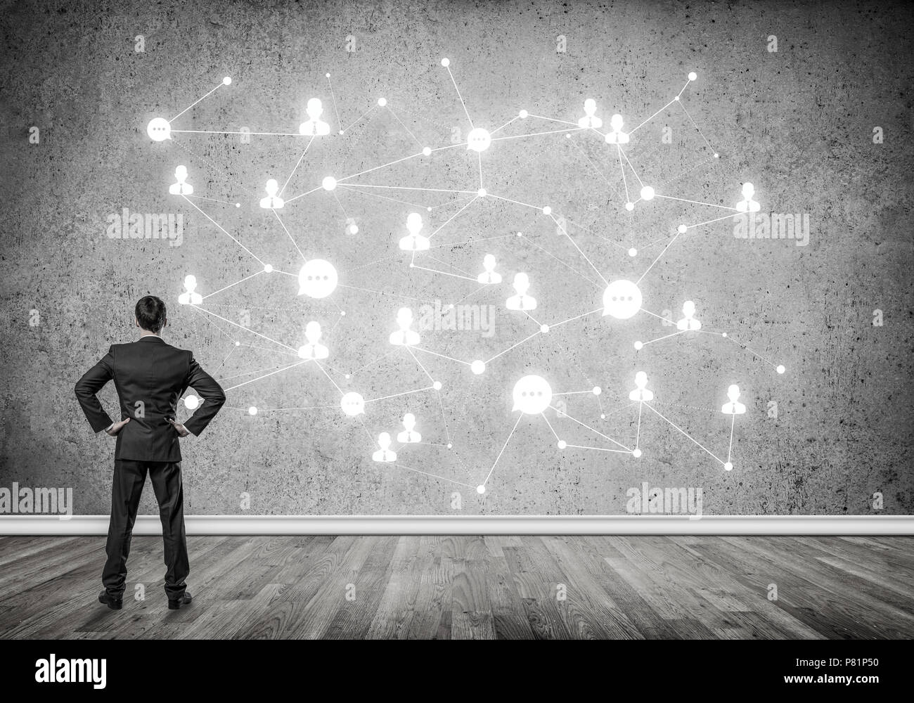 Connection lines drawn on concrete wall as symbol for networking Stock ...