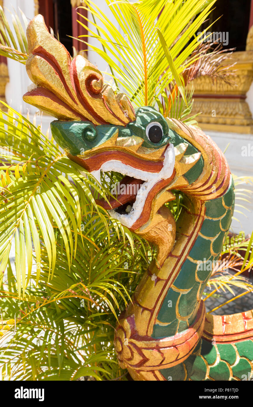 Carved and painted snake heads, phaya naga, at Wat Luang Pakse, temple ...