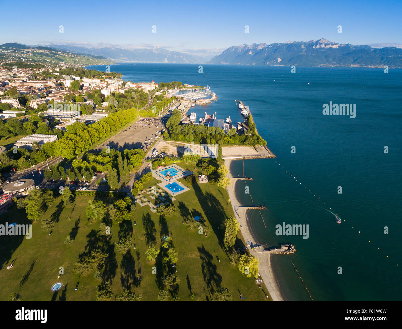 Aerial view of Ouchy waterfront in Lausanne, Switzerland Stock Photo ...