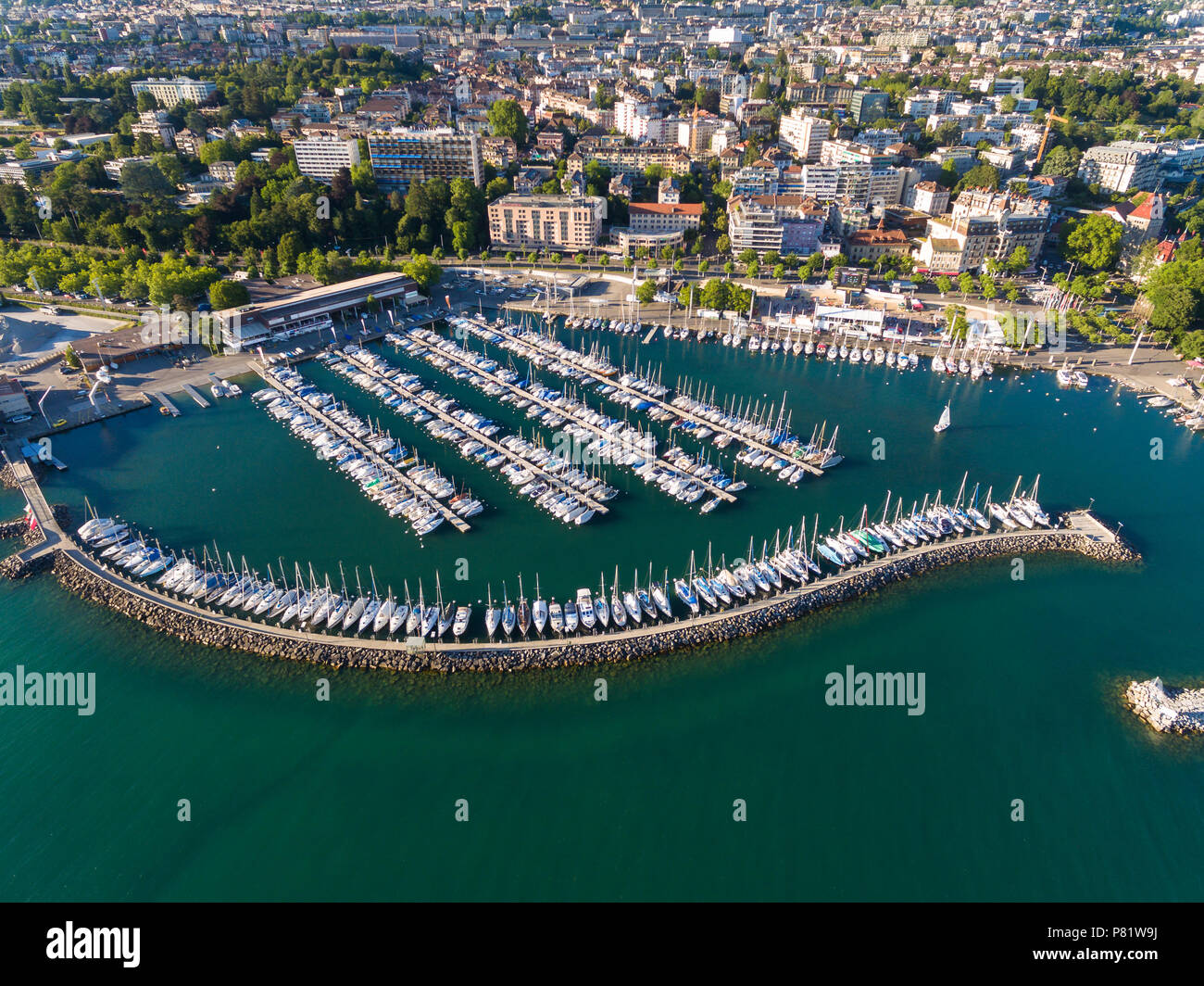 Aerial view of Ouchy waterfront in Lausanne, Switzerland Stock Photo ...