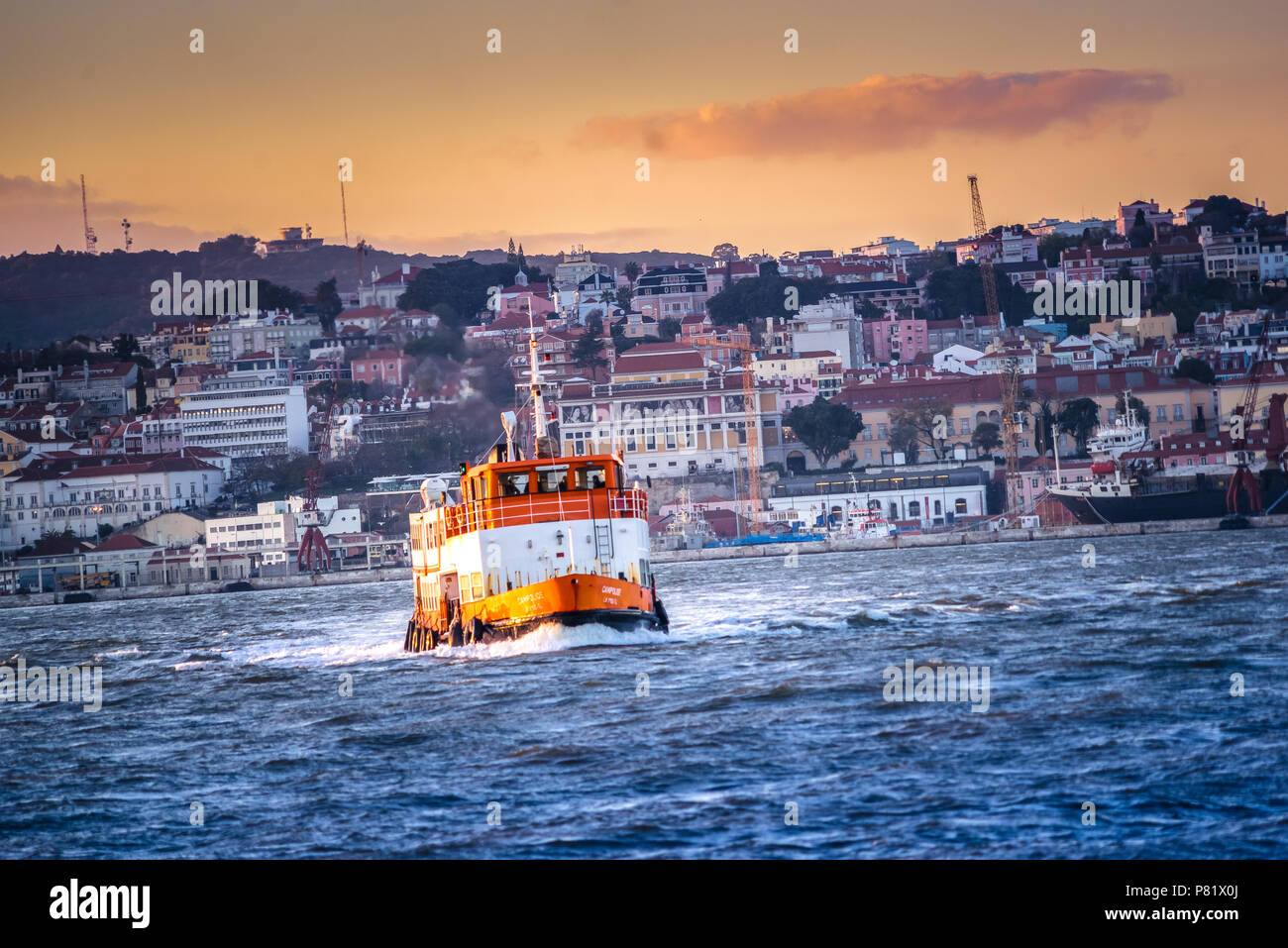 Lisbon, Portugal, Tagus ferry going from Cais do Sodré to Cacilhas ...