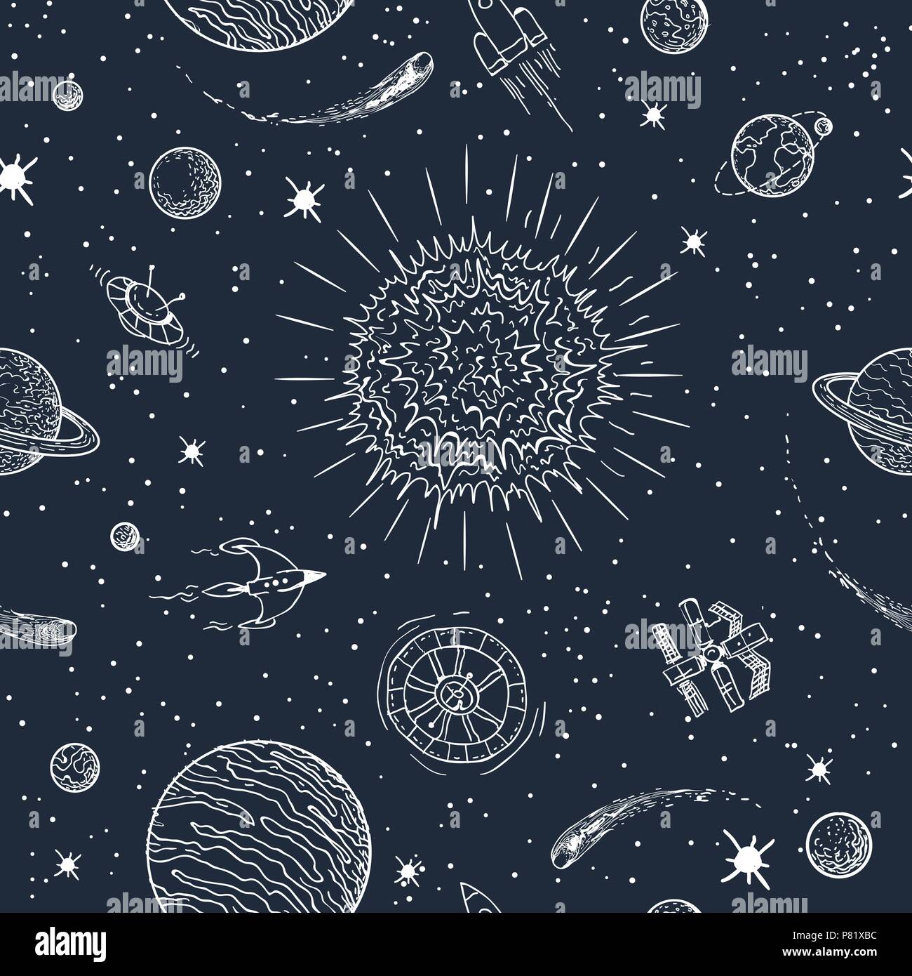 Solar system doodle pattern. Space planetary seamless background ...