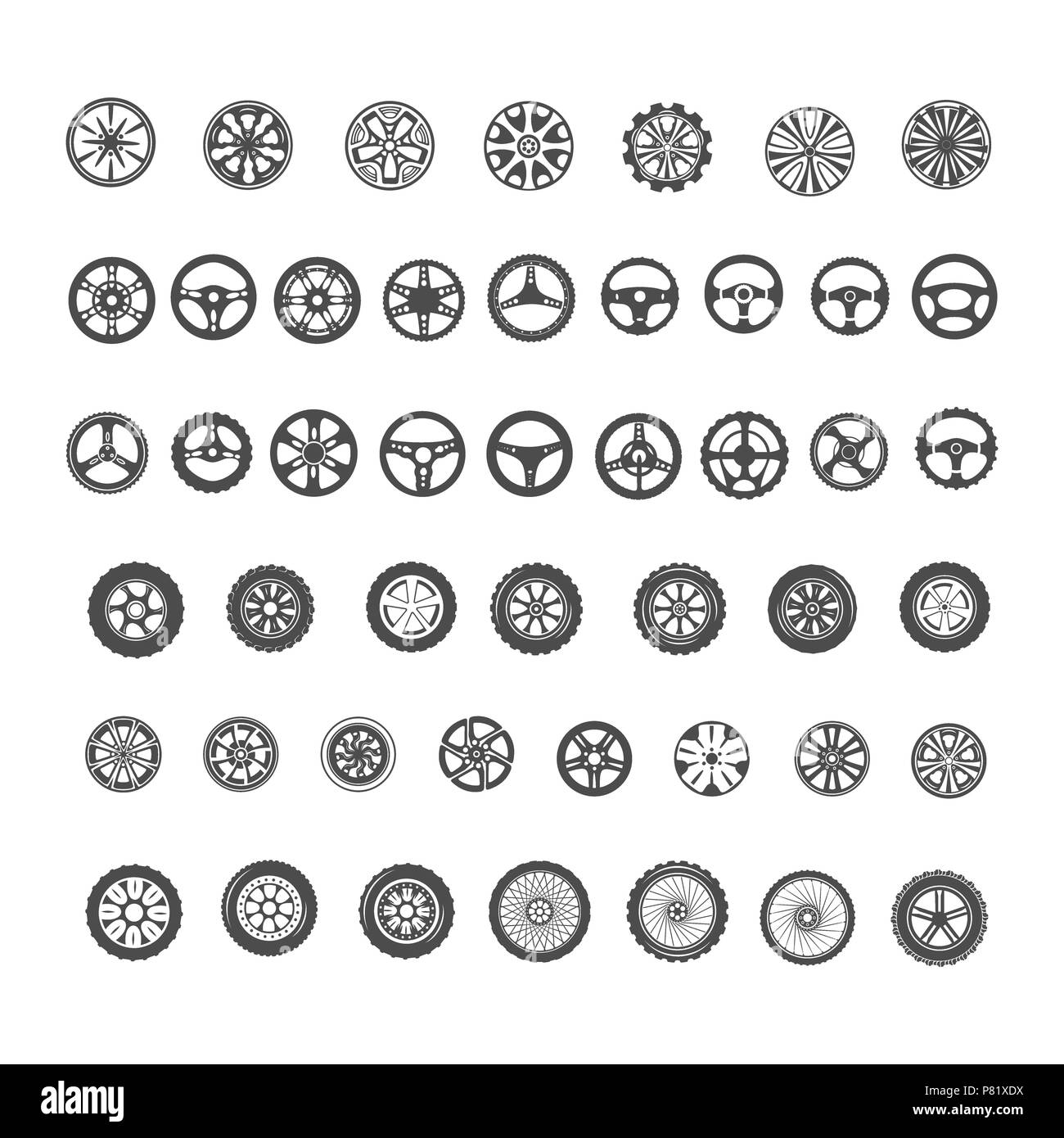 Car Parts Icons Set on White: gears, rudders, wheels Stock Photo - Alamy