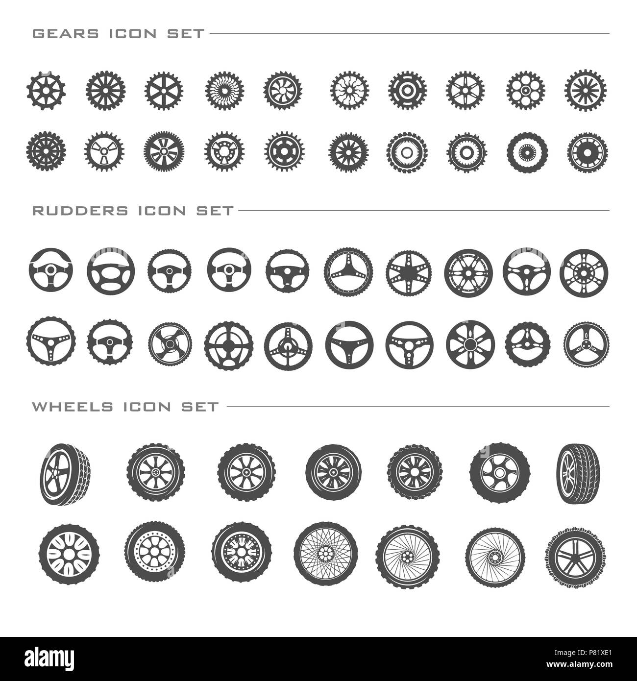 Car Parts Icons Set on White: gears, rudders, wheels Stock Photo - Alamy