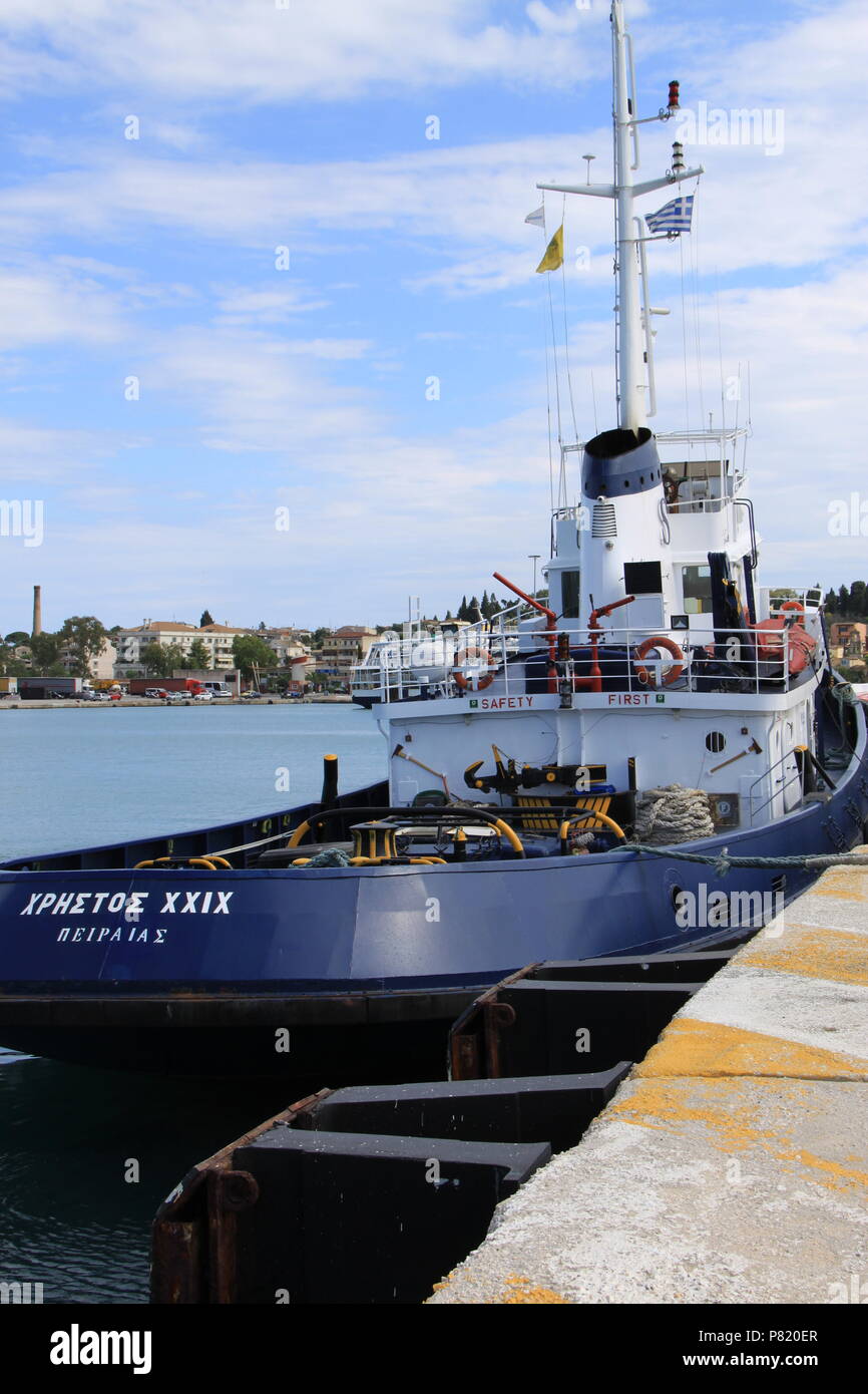 Tug boat berthed in the new port at Corfu Town, Corfu, GREECE, PETER ...