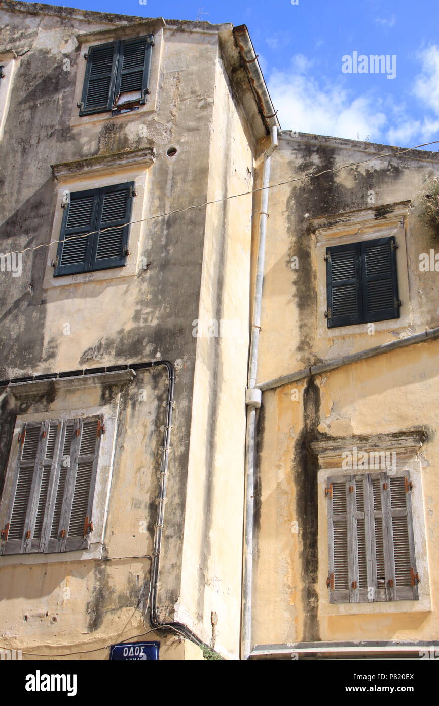 Front elevation of a run down residential building in Old Corfu Town ...