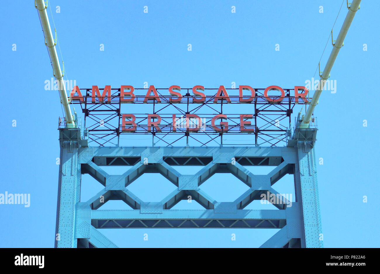 DETROIT, MI / USA - MAY 25, 2018: The Ambassador Bridge, whose sign is ...
