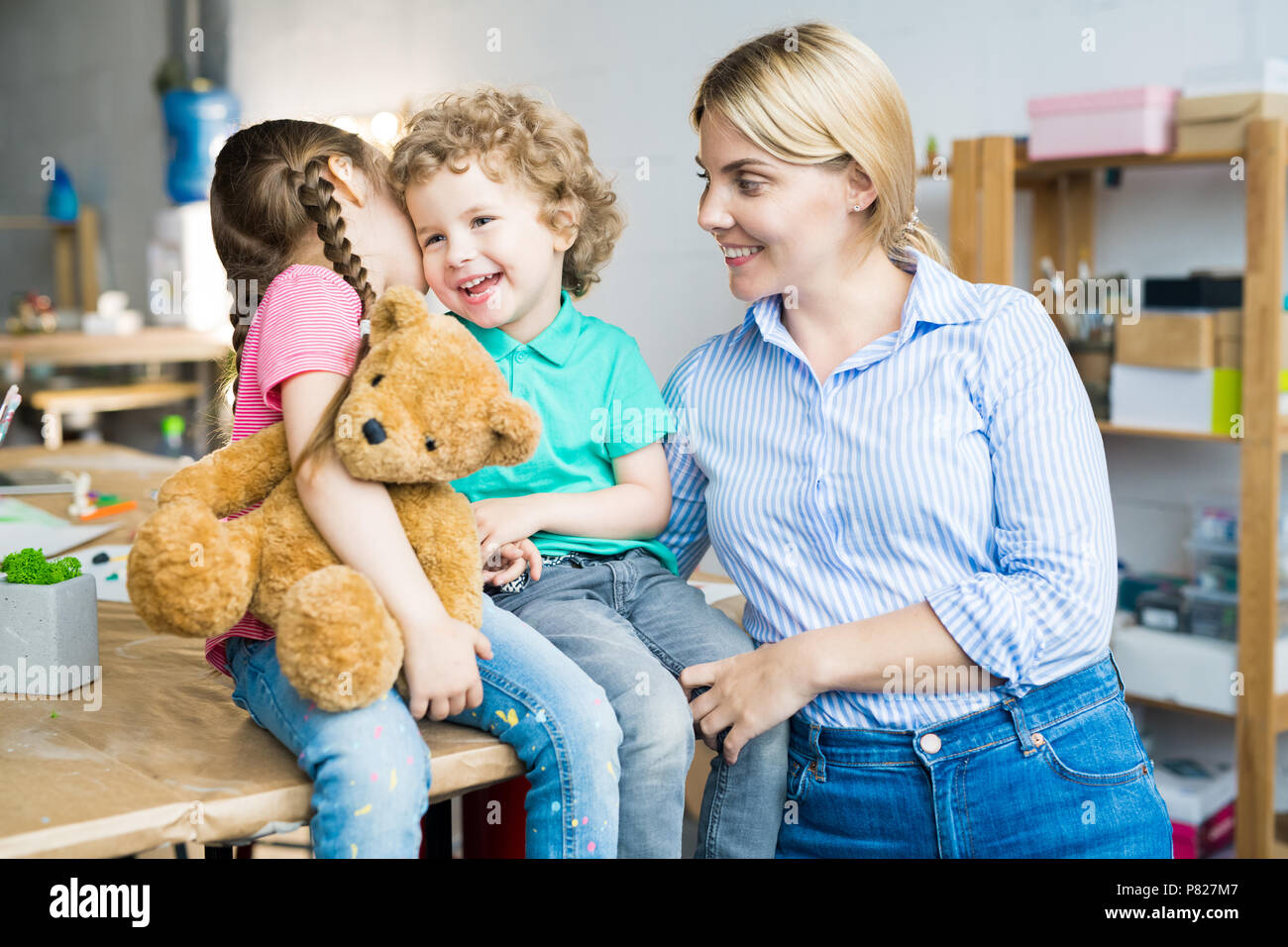 Happy Mother with Two Kids Stock Photo - Alamy