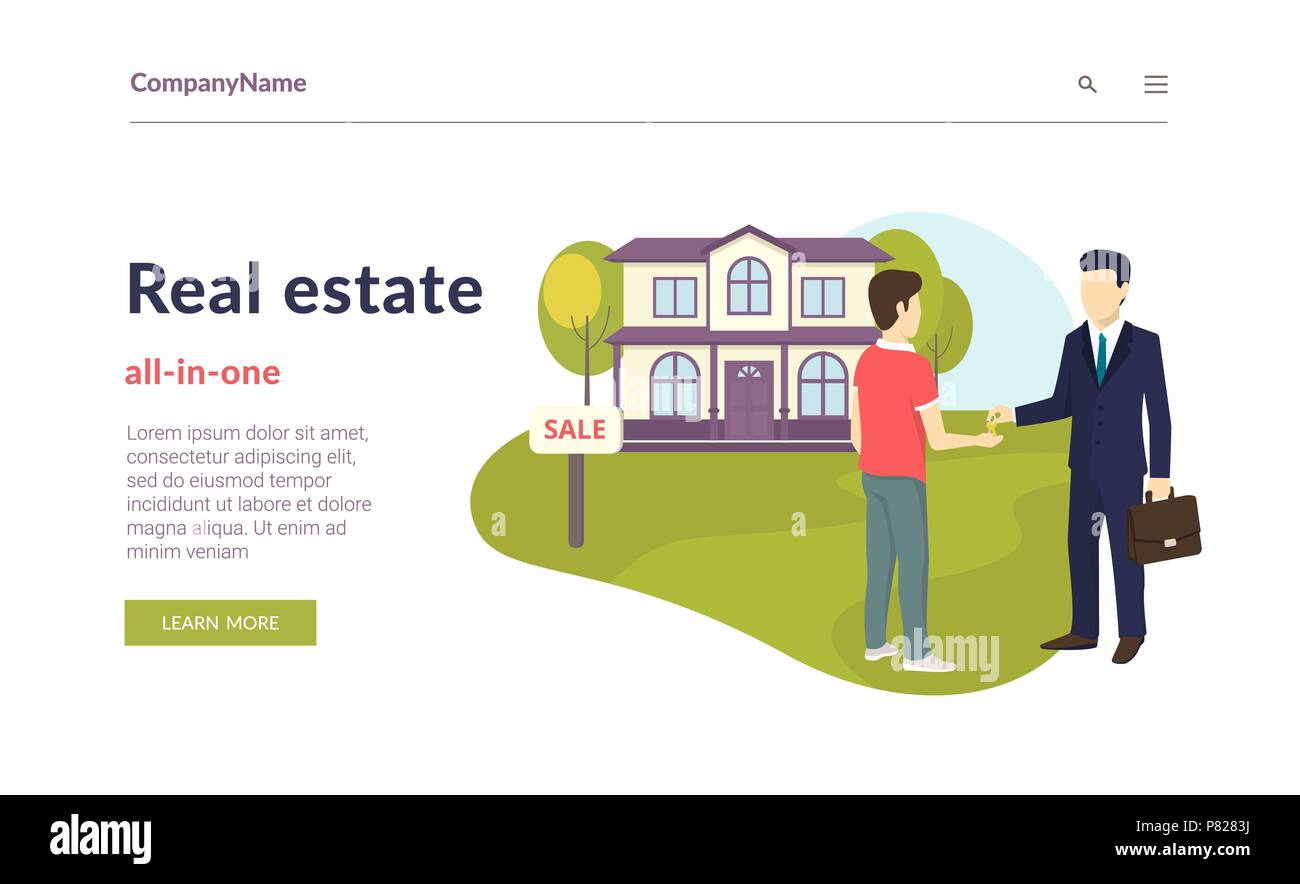 Realtor giving a home key chain to a confident male buyer. Flat concept ...