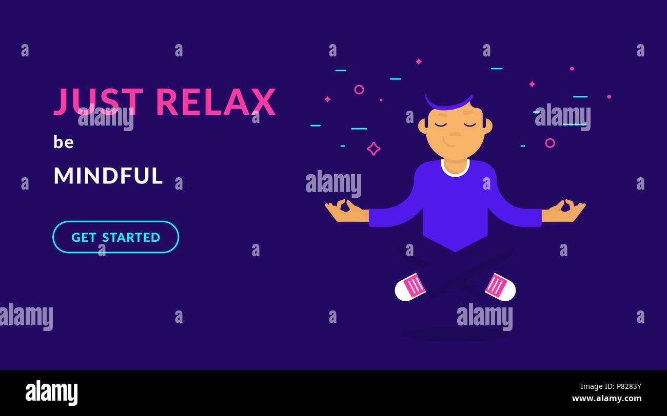 Calm yoga guru meditating over the floor. Flat vector neon illustration ...