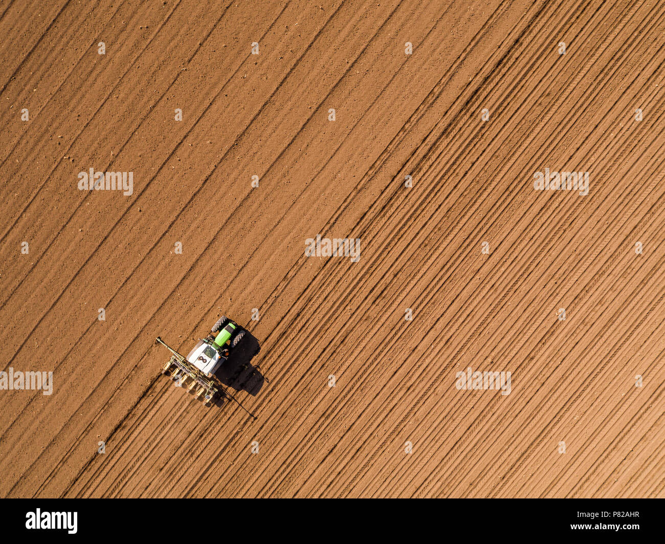 Aerial shot of a farmer seeding, sowing crops at field. Sowing is the ...