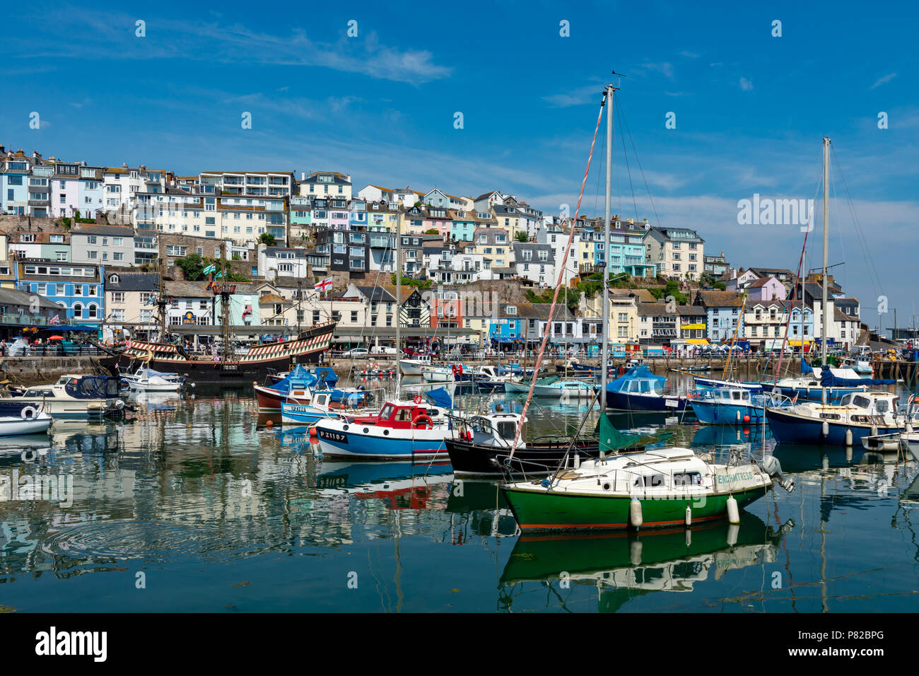 Brixham Devon England July 06, 2018 The harbour at the old fishing port ...