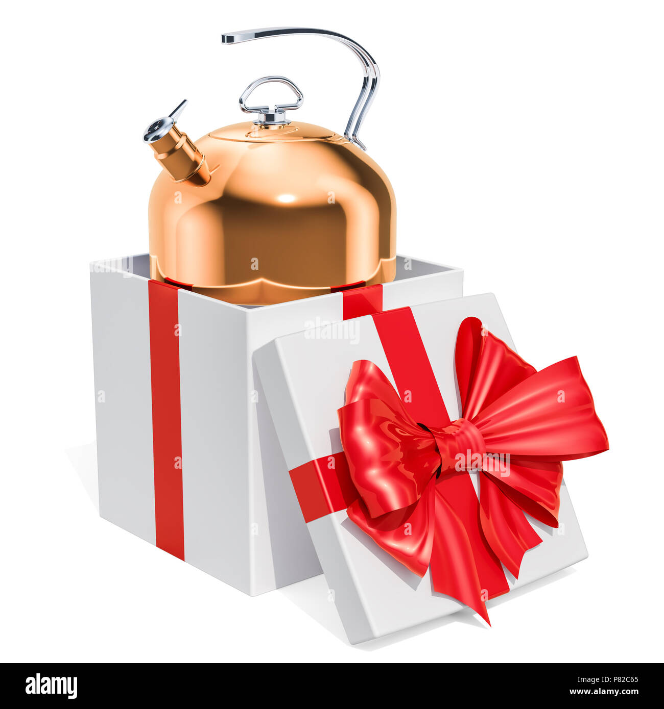 Copper kettle inside gift box, gift concept. 3D rendering isolated on ...