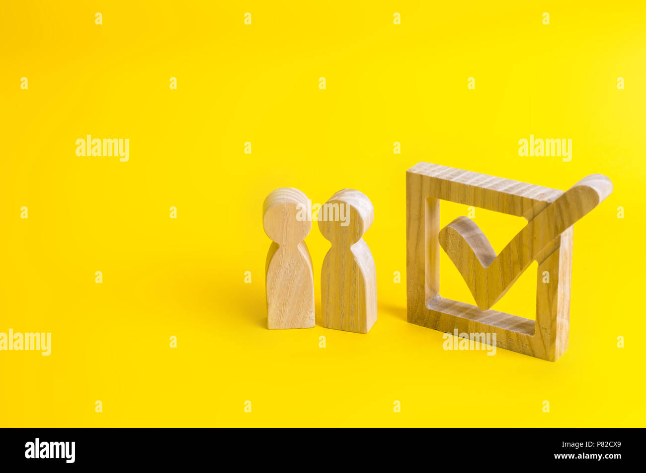 Figures of people are standing near a huge tick in the box. Voters take ...