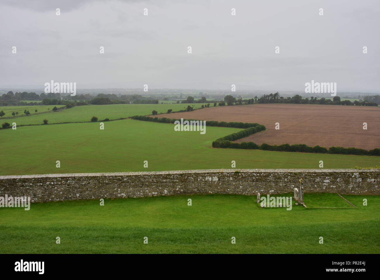 Irish countryside with bright green meadows and stone fences on gray ...