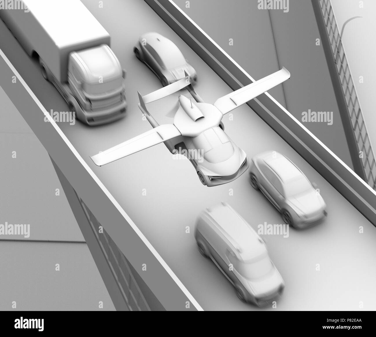 Clay shading rendering of futuristic flying car flying over traffic jam ...