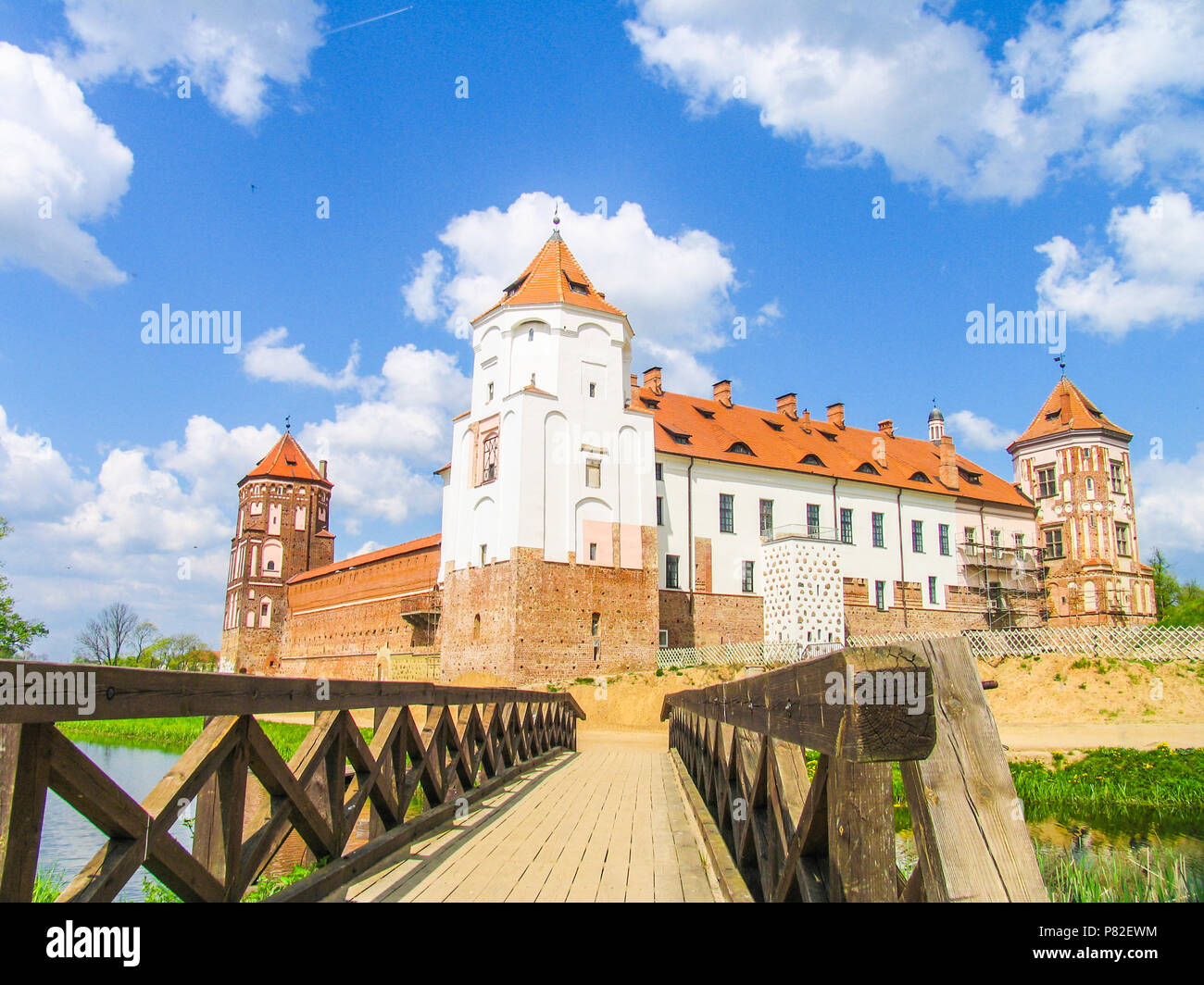 Mir, Belarus. Castle Complex Mir On Sunny Day with blue sky Background ...