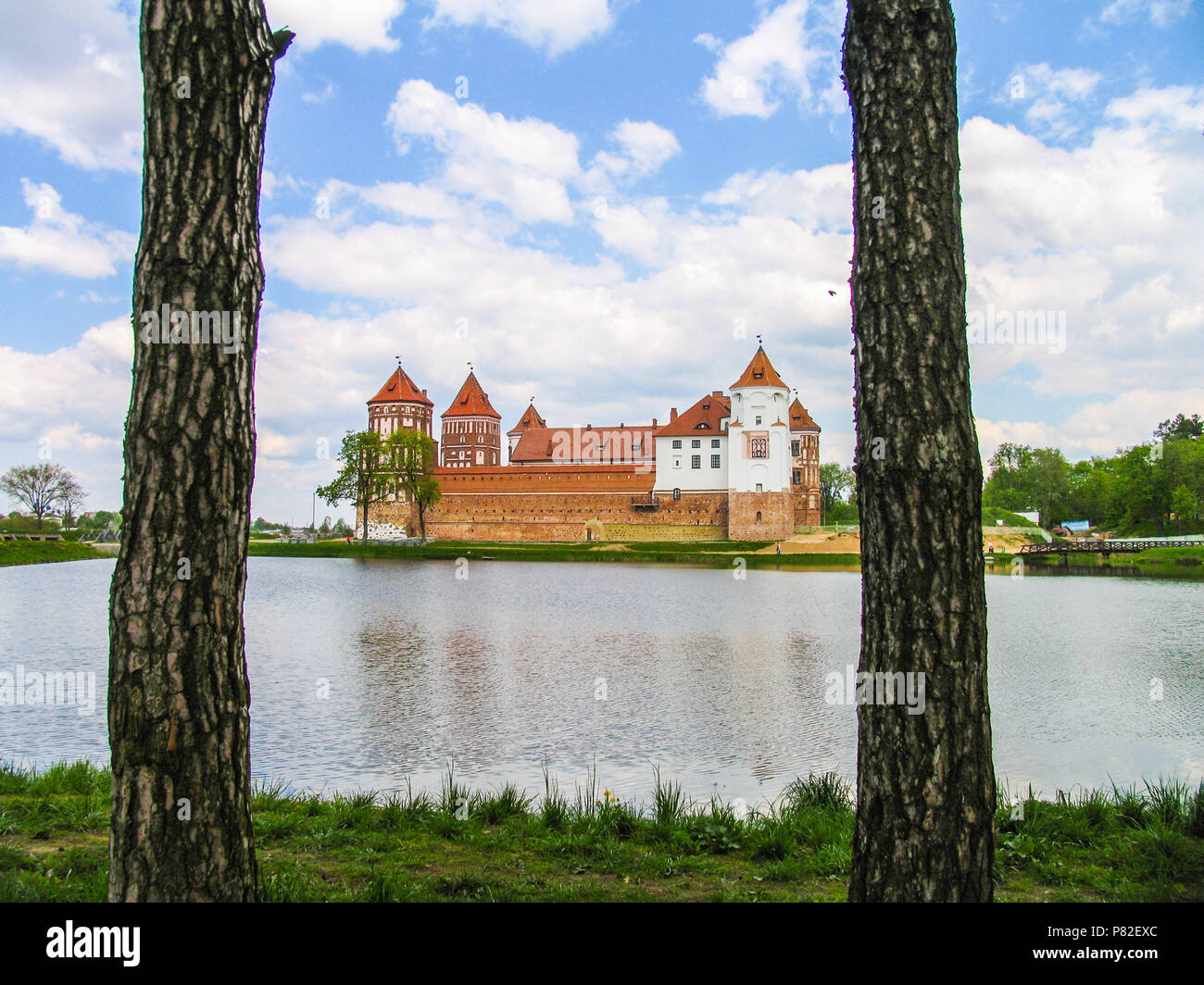 Mir, Belarus. Castle Complex Mir On Sunny Day with blue sky Background ...