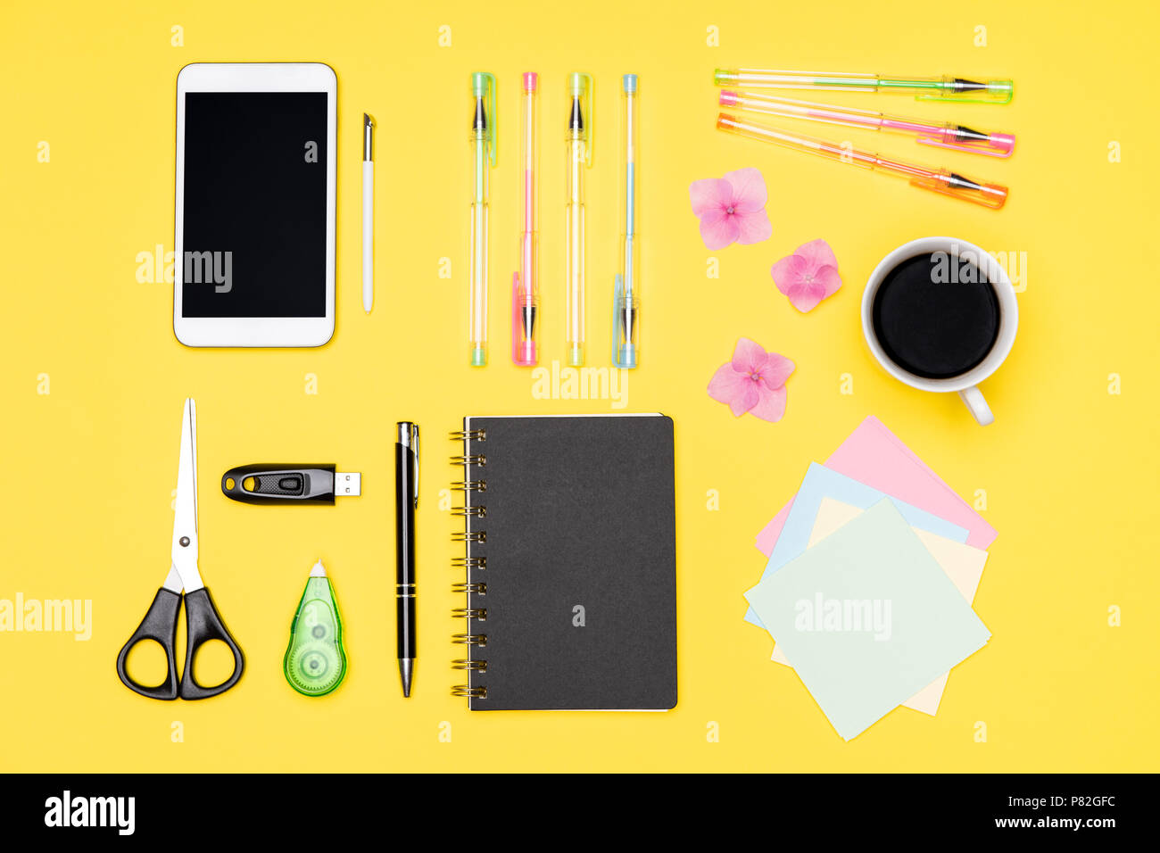 Student desk flat lay. Top view of working space table with morning ...